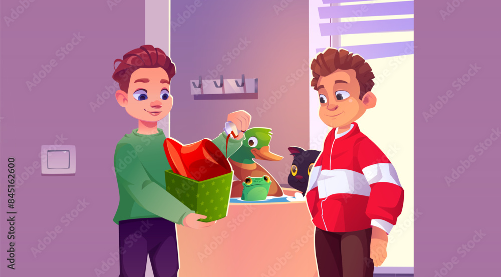 Kid boy show his friend magic trick pouring liquid on hat in box while ...