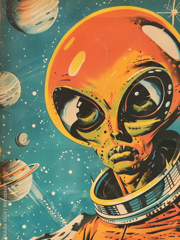 Retro male orange space alien with space suit and cosmos background ...