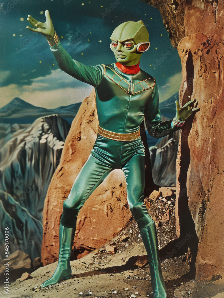 Retro male green space alien with space suit and antennae 1960s color ...