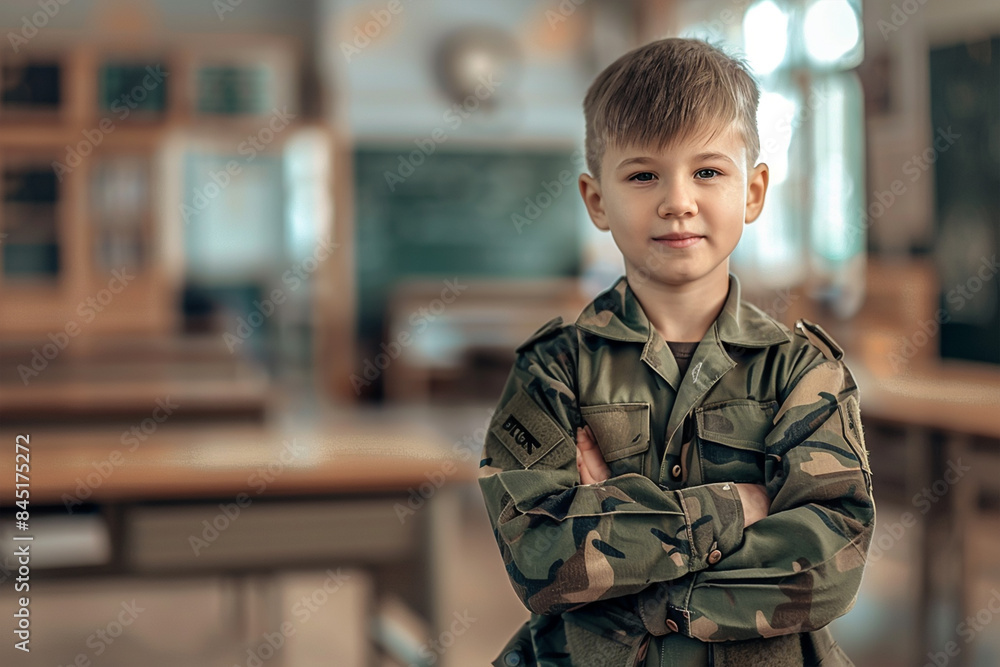 Back to school, A very happy Little boy kid in a army forces dress and ...