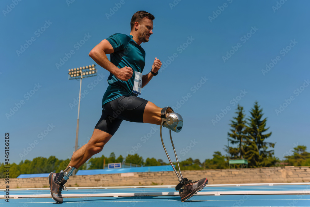 Disabled athlete runner with a prosthetic leg sprinting on a track ...