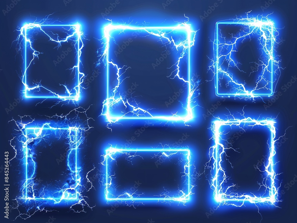 Lightning frames, blue electric borders of rectangular and square ...