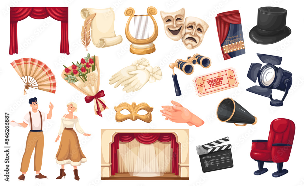 Theater elements and cartoon characters set. Theatre stage with red ...