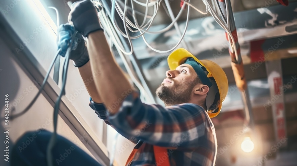 Electrician wearing a hard hat and gloves, installing and maintaining ...