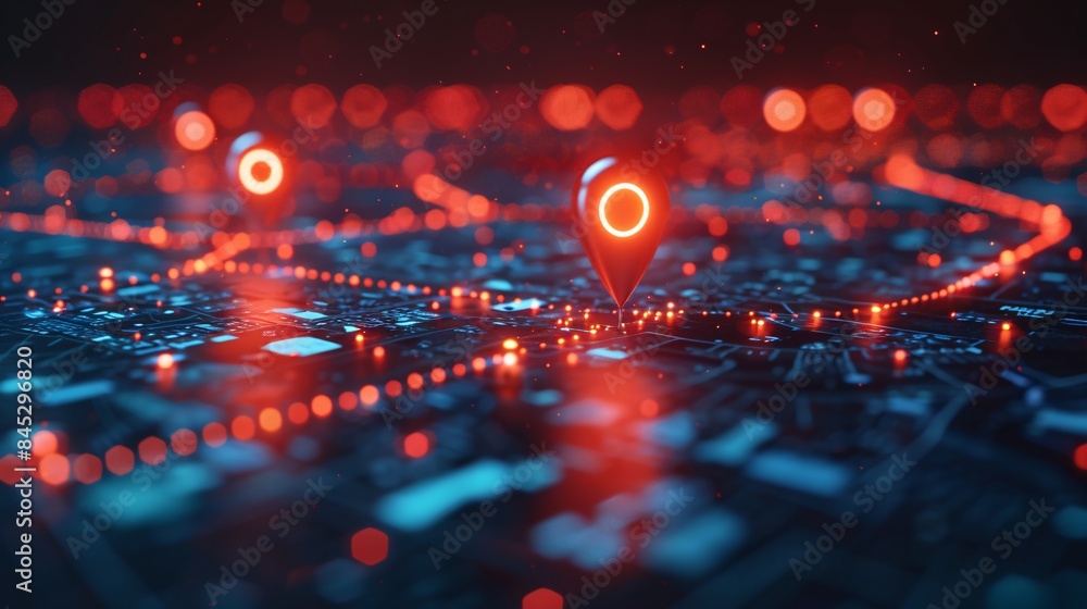 A digital map displaying a location with two pins set, representing AI technology in GPS ...