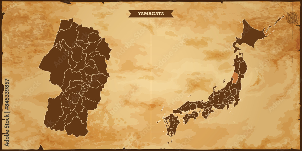 Yamagata state map, Japan map with federal states in A vintage map ...