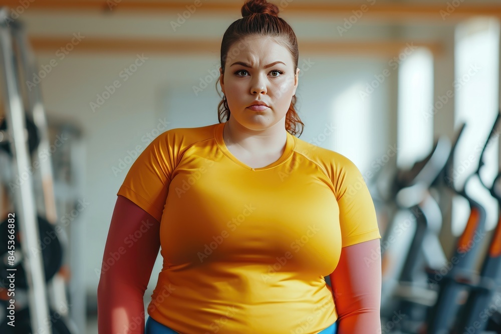 Very fat young woman with a sad face stands in the fitness center next ...