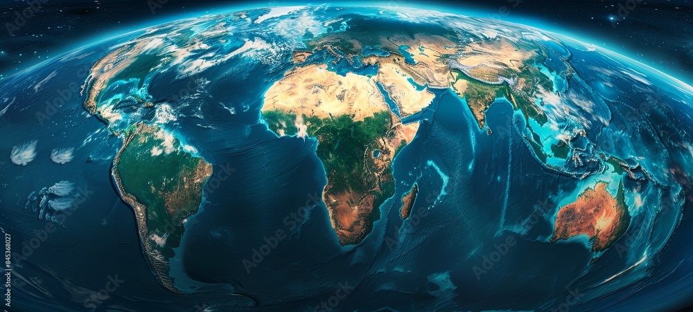 Flat view of the Earth from space. Detailed physical map of the world ...