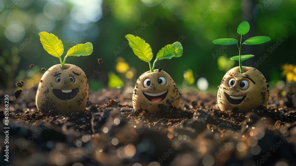 Cheerful potatoes with cartoon faces are shown in the ground, from ...
