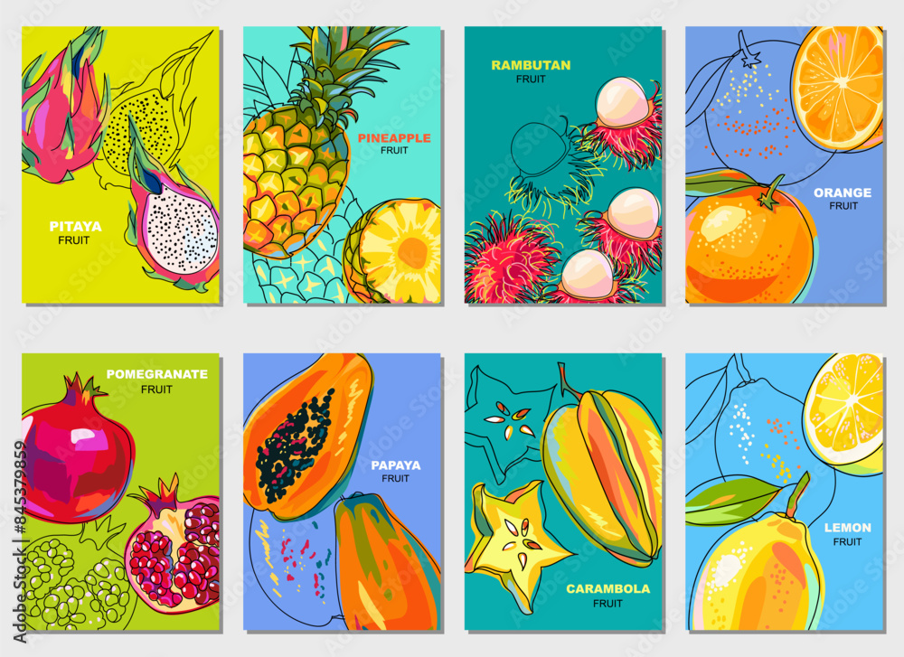 Set of modern cards with summer fruits. Bright templates for flyers ...