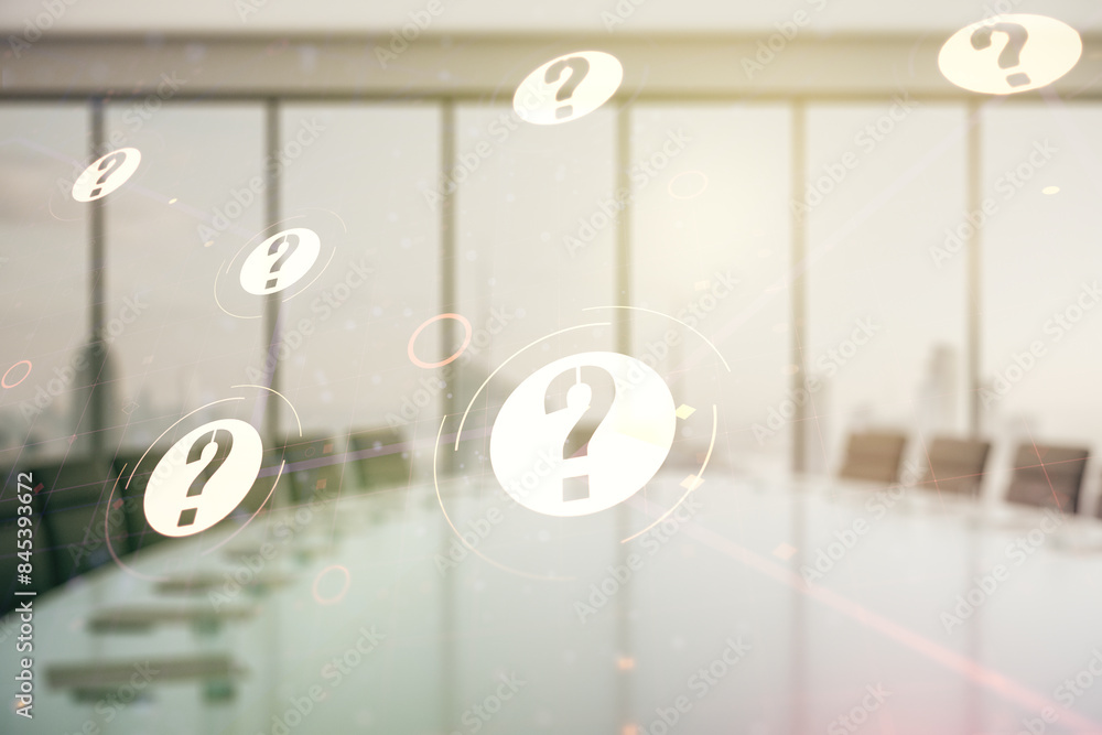 Abstract virtual question mark sketch on a modern boardroom background ...