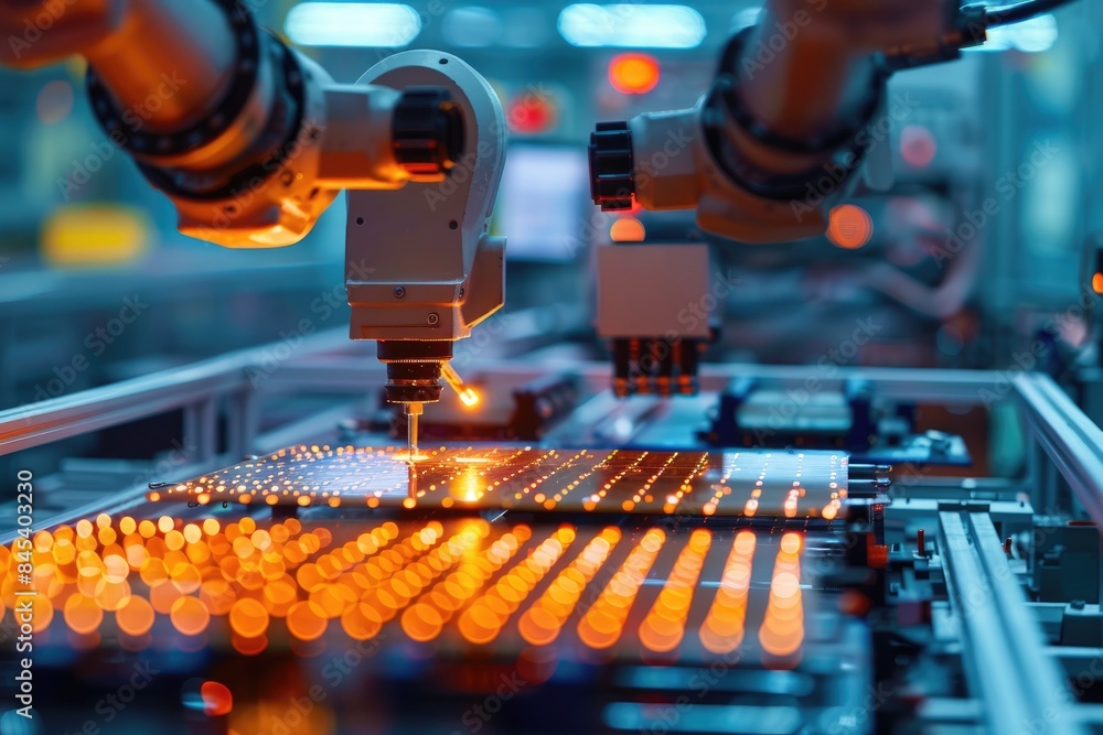 Robotic manufacturing of semiconductors and computer chips from silicon wafers. Modern ...