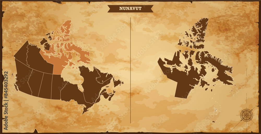 Nunavut state map, Canada map with federal states in A vintage map ...