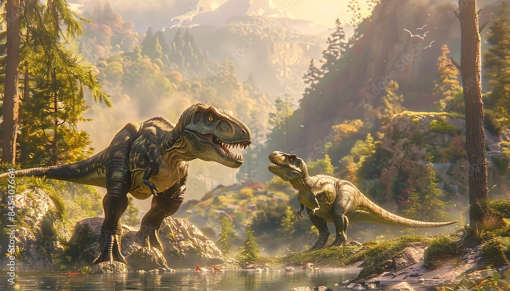 Jurassic Family: Tyrannosaurus Rex and Offspring in a Picturesque ...