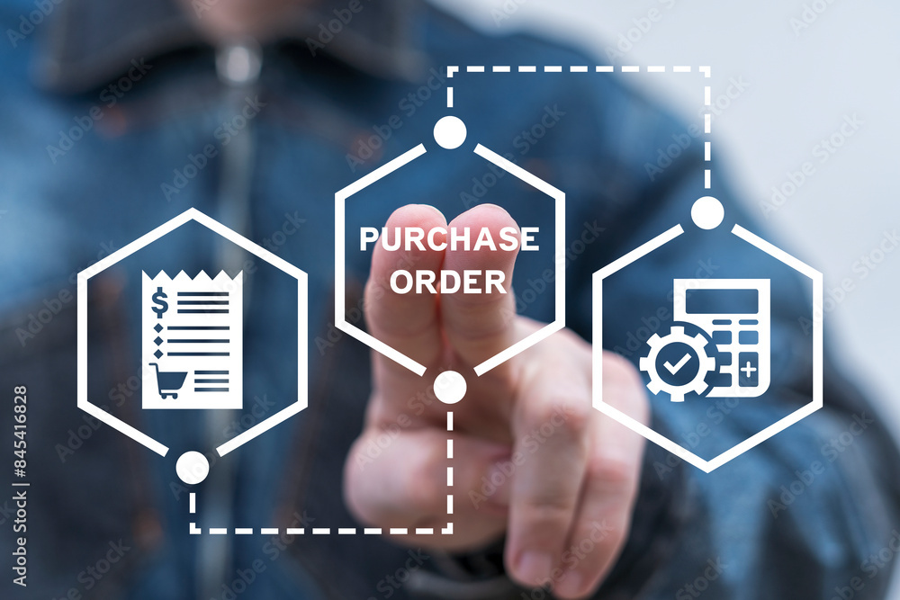 Man using virtual touch screen presses inscription: PURCHASE ORDER ...