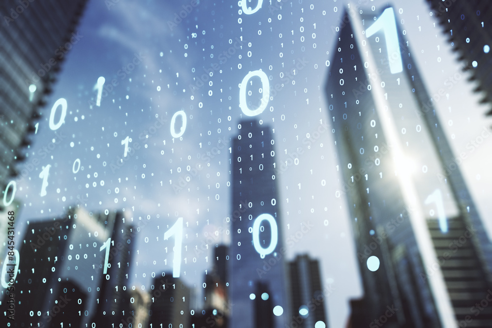 Abstract virtual binary code sketch on blurry cityscape background, hacking and matrix concept ...