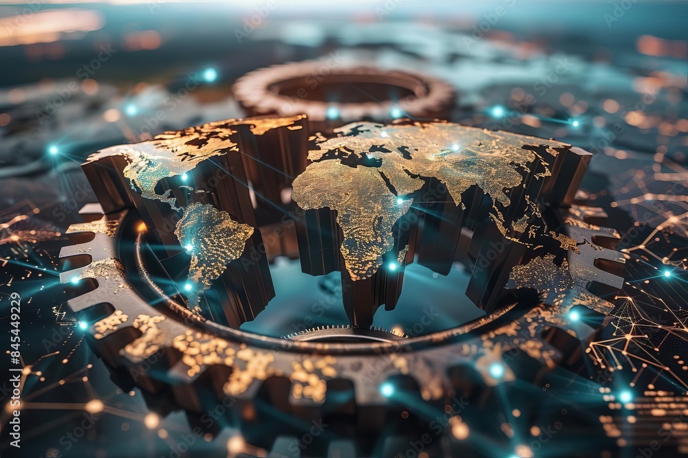 High-tech conceptual image of a world map overlaid on interconnected ...