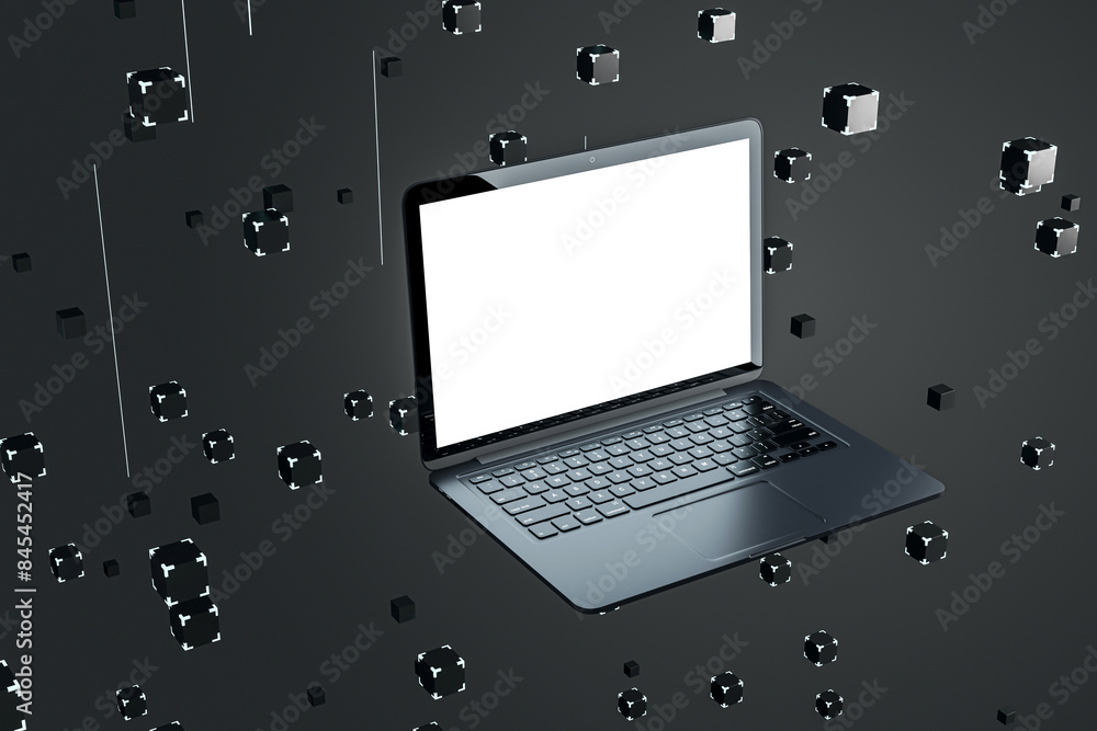 Laptop with a blank screen floating among geometric shapes on a dark ...
