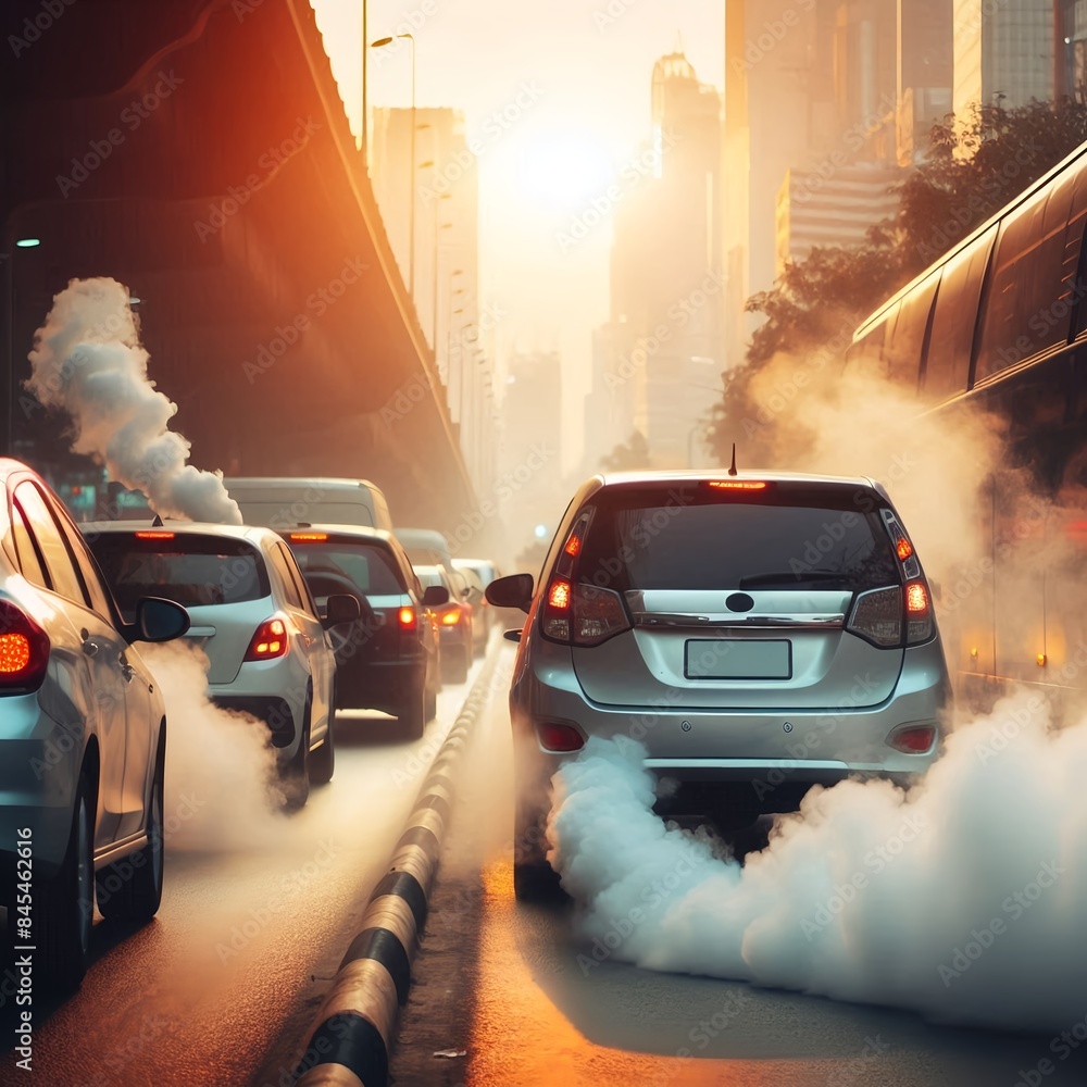 Air pollution from car exhaust smoke in city traffic, focusing on ...