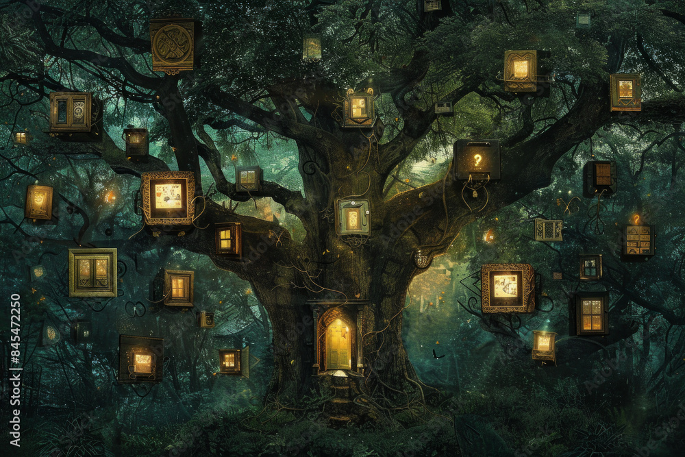 Ilustración de Stock A tree with hidden doors and windows, suggesting ...