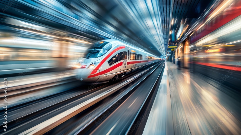 High-speed train zooming through a modern railway station platform with ...