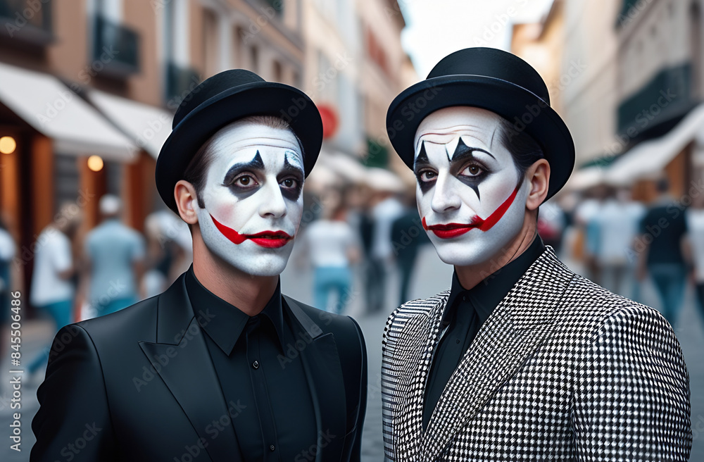 Portrait of men passing by on a city street. Mimes act out a pantomime ...