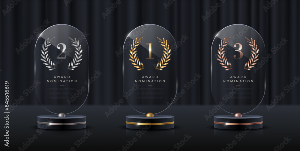 Set of glass award trophy with laurel wreath. Transparent prize ...