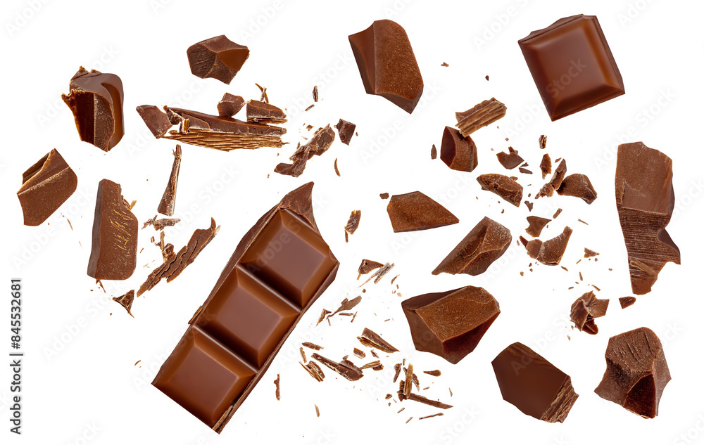 Broken chocolate bar pieces falling on isolated white background. Milk ...