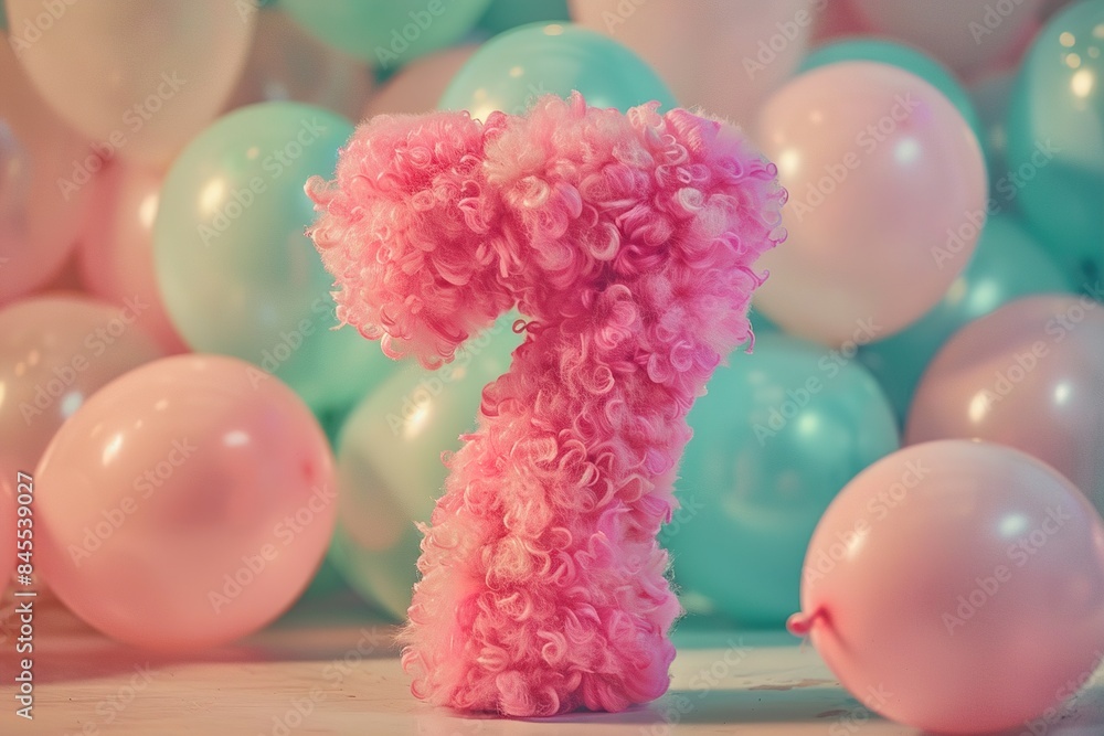 Pink, girlish and fluffy number seven with blurred balloons on the ...