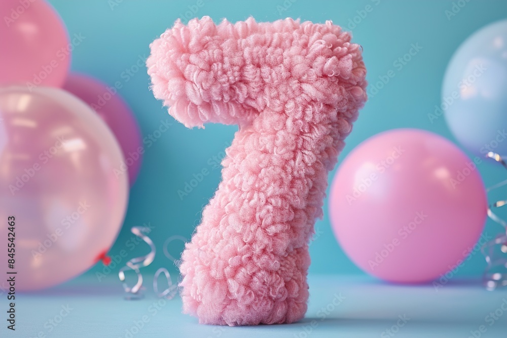 Pink, girlish and fluffy number seven with blurred balloons on the ...