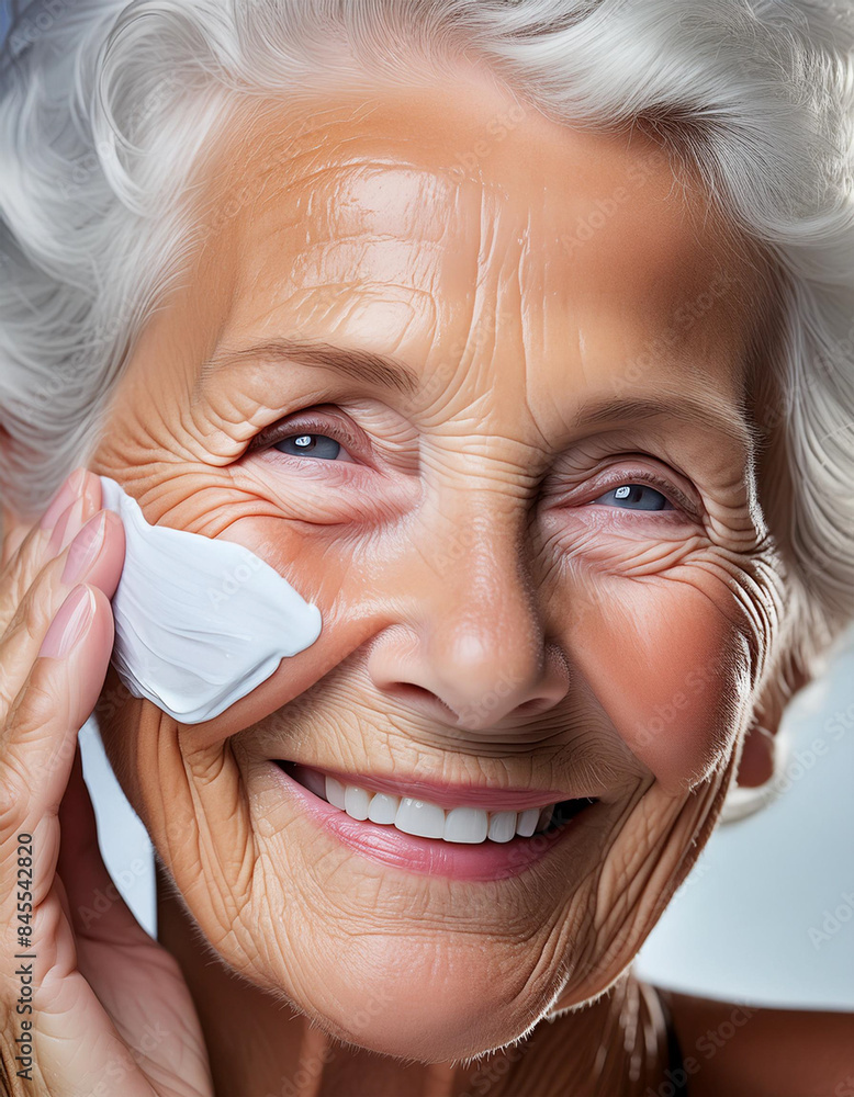 Happy senior gray-haired female washing face by lather having fun ...
