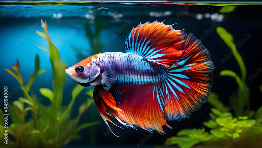 Betta fish with beautiful fins and bright, alluring colors, swimming ...