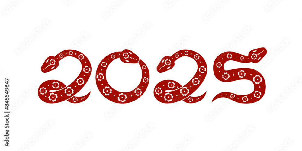 Snake numbers 2025. Red floral stamp. Poster, banner, background ...