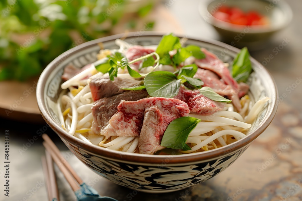 Close-Up Bowl Of Pho With Rare Beef Slices, Bean Sprouts, And Fresh ...