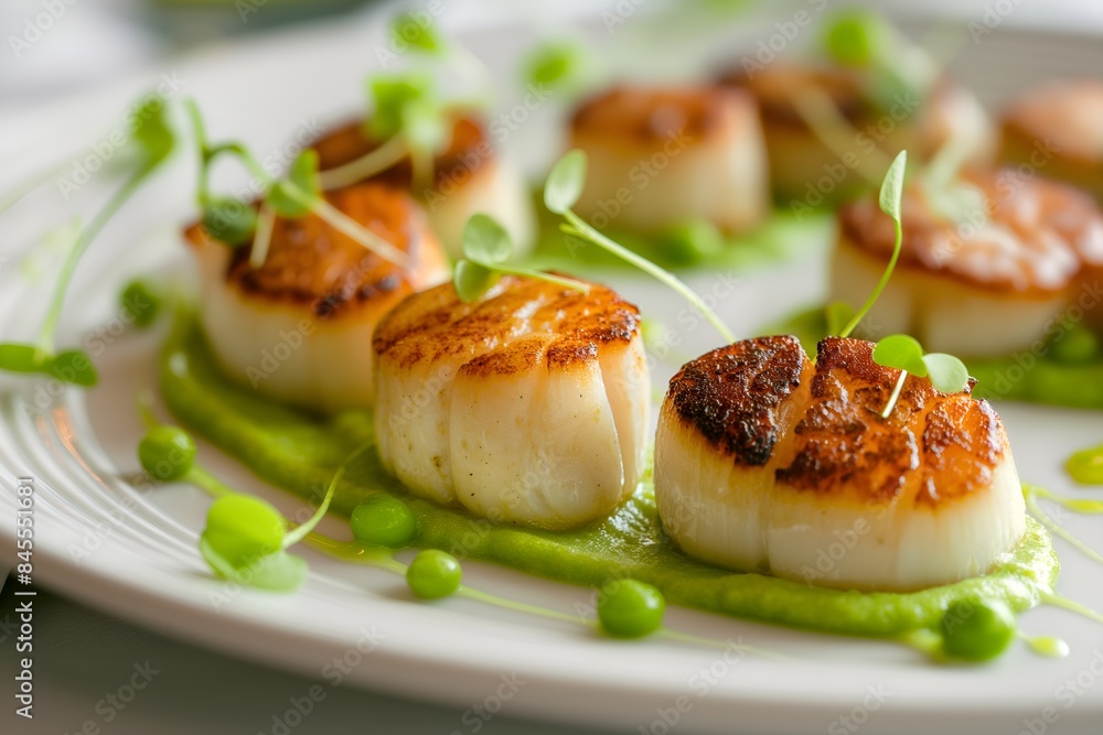 Close-Up Delicious Delicate Plate Of Seared Scallops With Pea Puree And ...