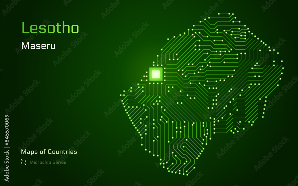 Lesotho Map with a capital of Maseru Shown in a Microchip Pattern with ...