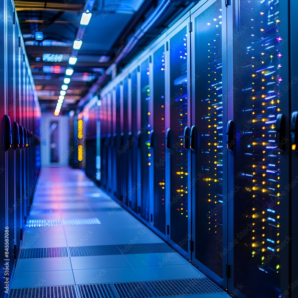 High Speed Data Center with Rows of Blinking Servers in a Controlled Environment Stock Photo ...