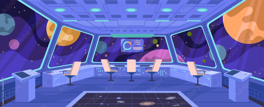 Spaceship interior and view on cosmos from window of ship. Vector ...