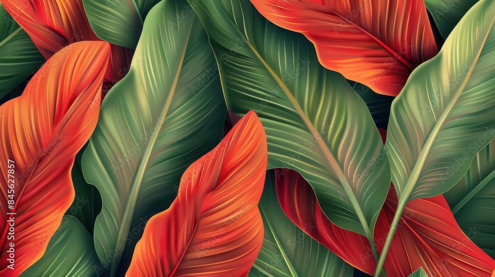 vibrant red and green banana leaves pattern modern tropical background ...