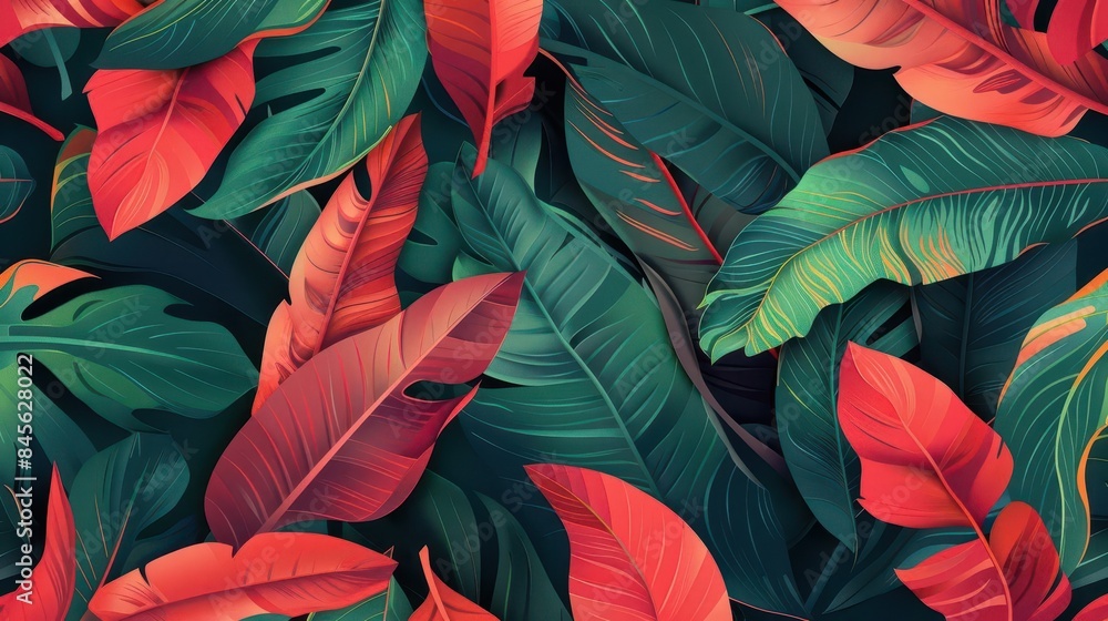 vibrant red and green banana leaves pattern modern tropical background ...
