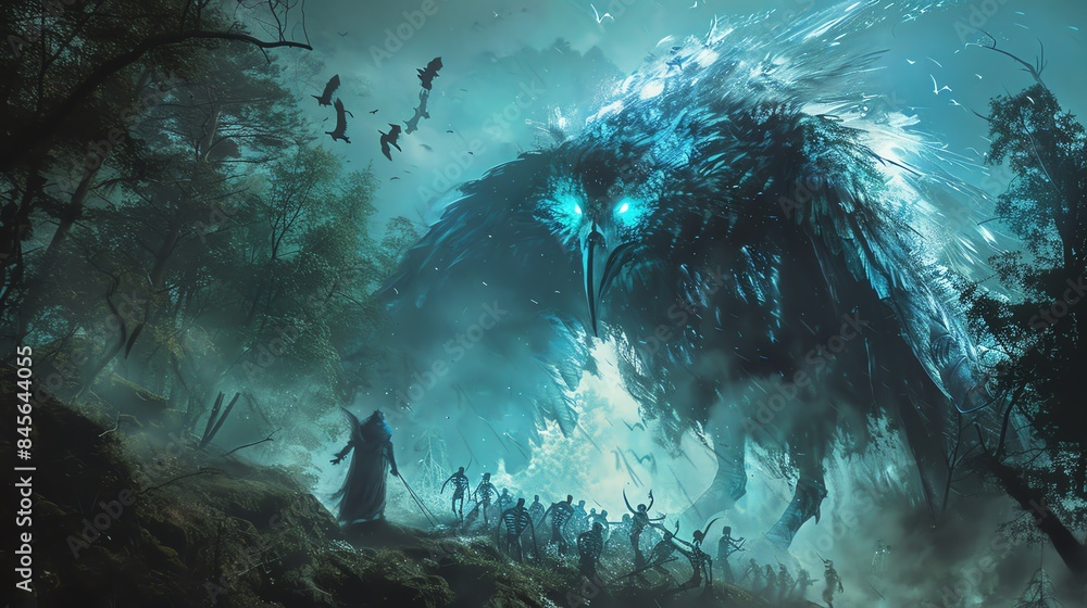 Massive demon bird with jagged feathers, glowing in eerie blue ...