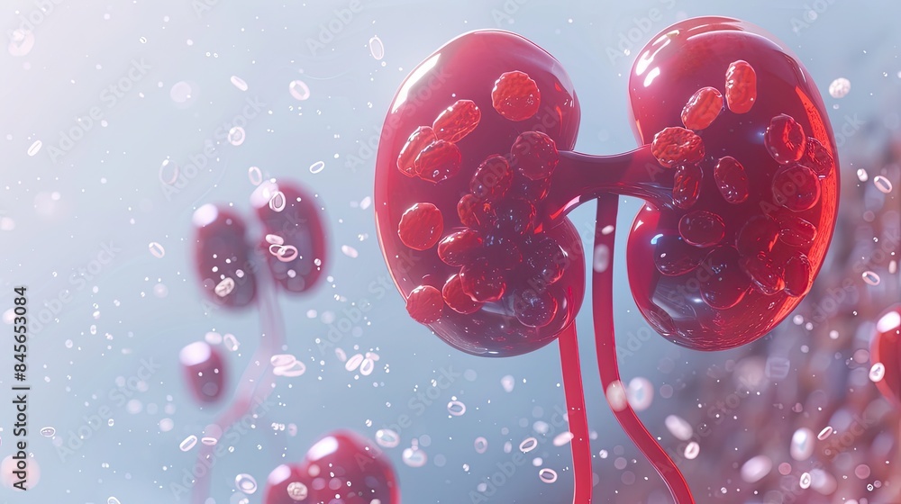 3D rendering of human kidneys with nephron structures highlighted ...