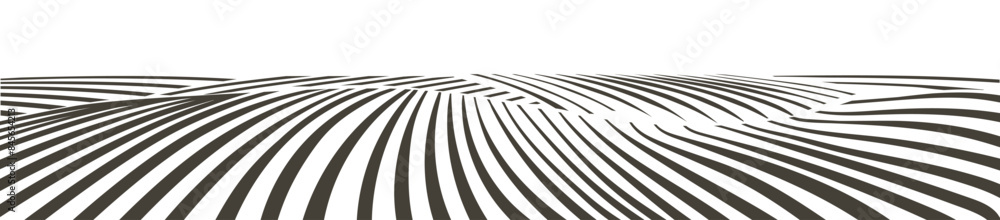 Farm field landscape on small hills. Furrows pattern in a plowed ...