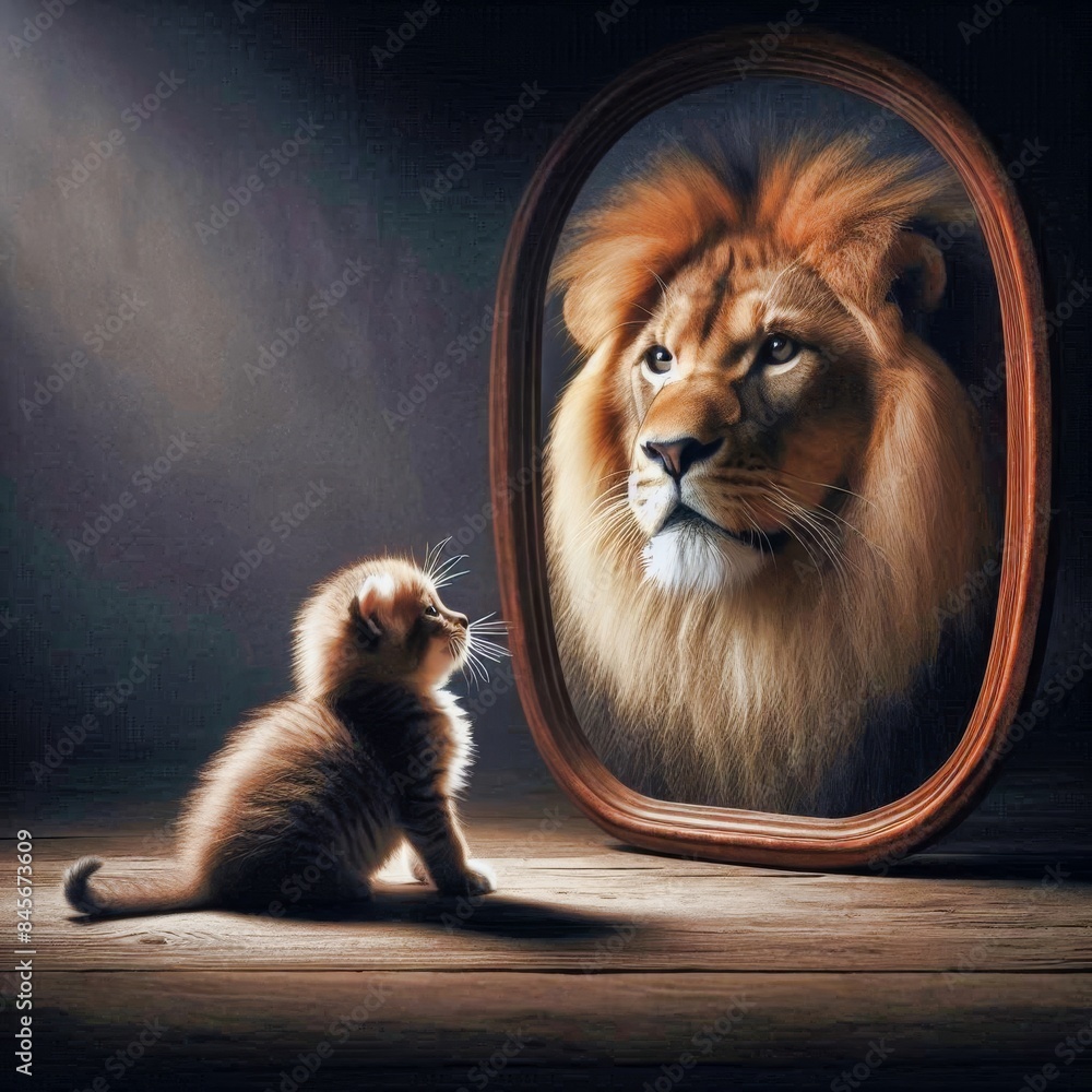 Ilustración de Stock Un pequeño gato mirando un espejo en el que se ...
