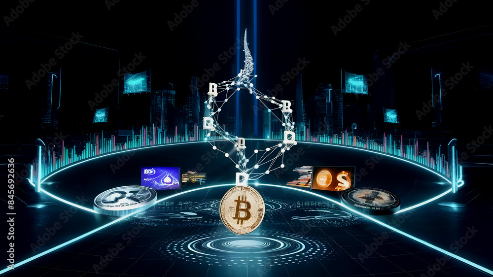 Bitcoin logo, technology background, graph, black, yellow, golden, blue ...