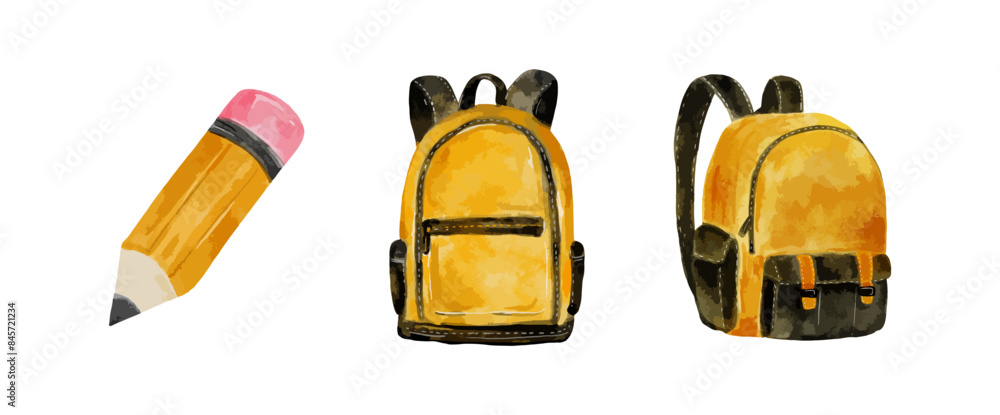 Watercolor pencil, black and yellow backpacks clipart vector ...