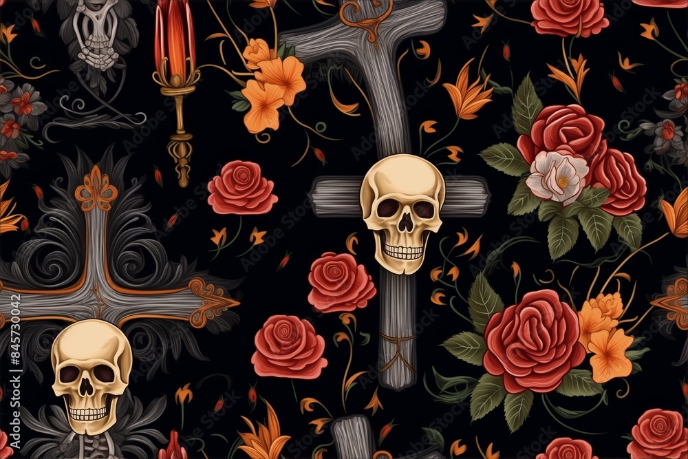 Horror pattern with skeletons, coffins, grasping hands, crosses ...