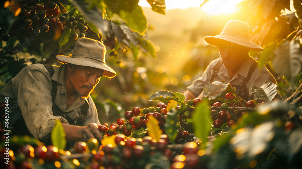 Farmers Picking Coffee In Sunlight At The Coffee Plantage: Lush ...