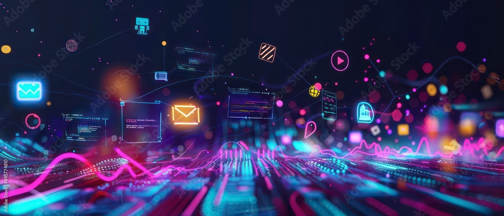 modern web interface, vibrant icons float over analytics graphs ...