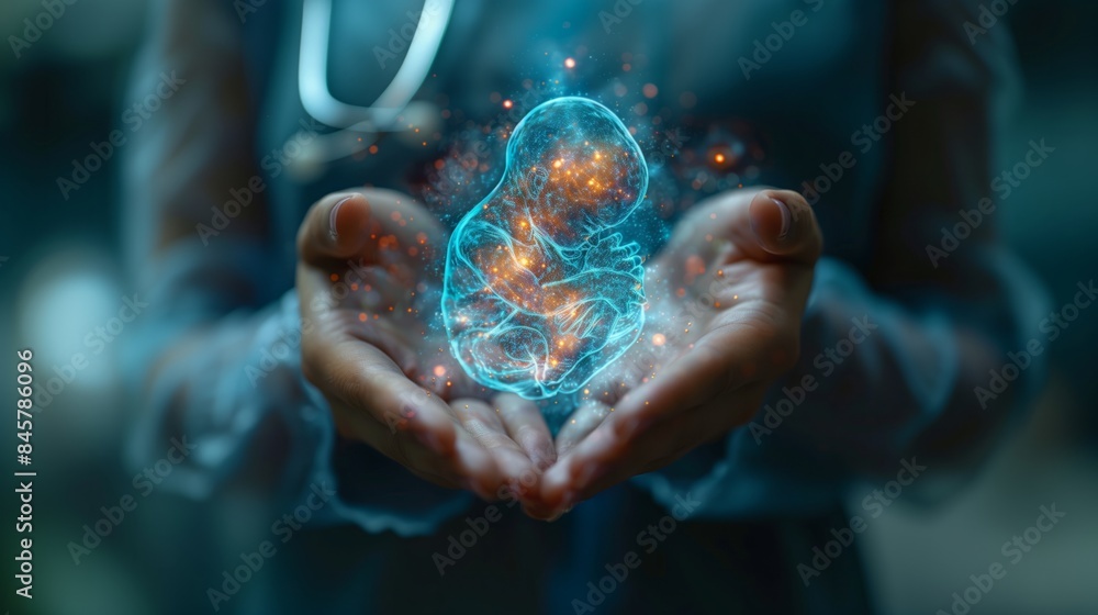 Close-up midwife's hands showing baby, embryo hologram. Genetic ...